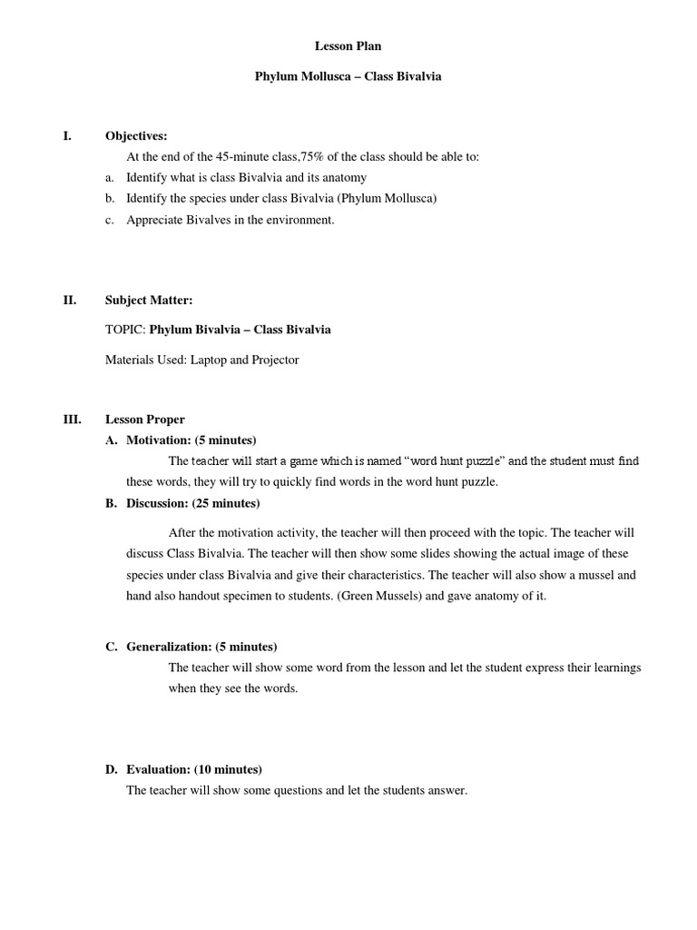 Lesson Plan Phylum Mollusca Class Bivalvia | PDF | Bivalvia | Lesson Plan
