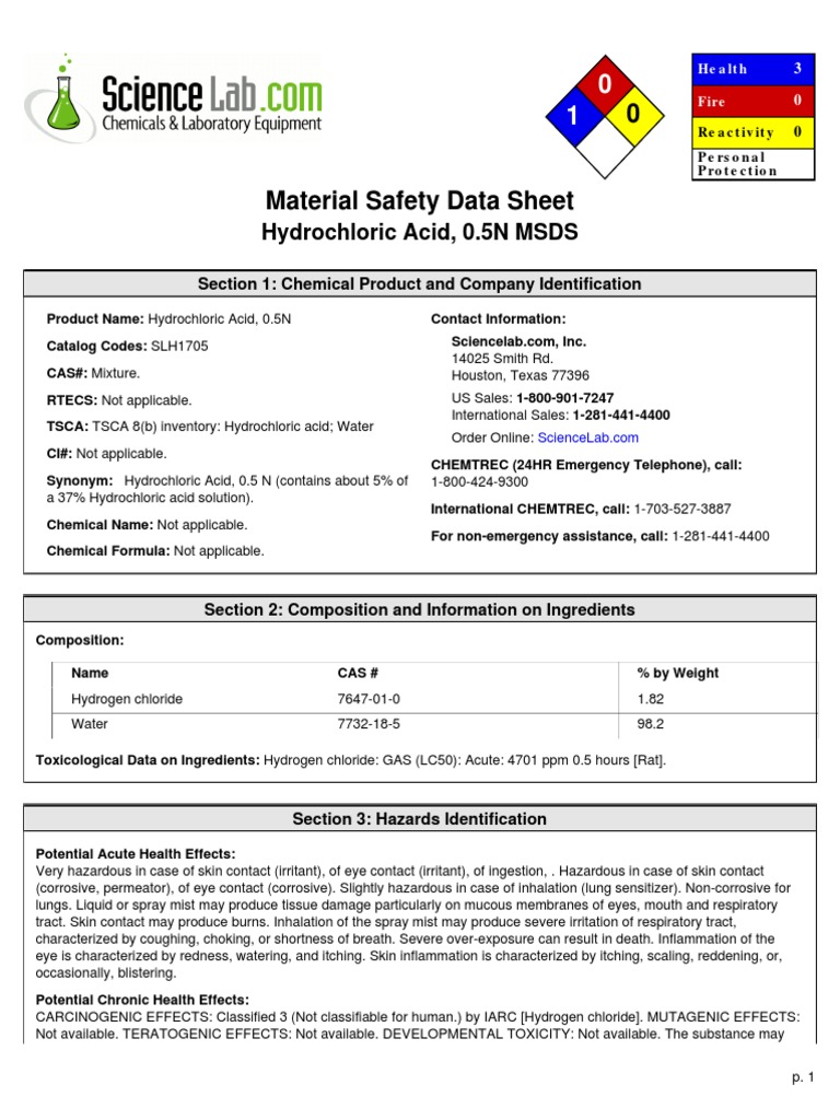 MSDS HCL 0.5N | PDF | Toxicity | Chlorine