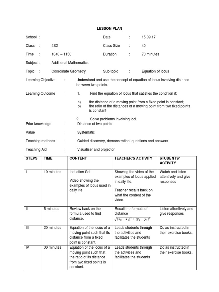 Lesson Plan (Equation of Locus) | PDF | Equations | Lesson Plan