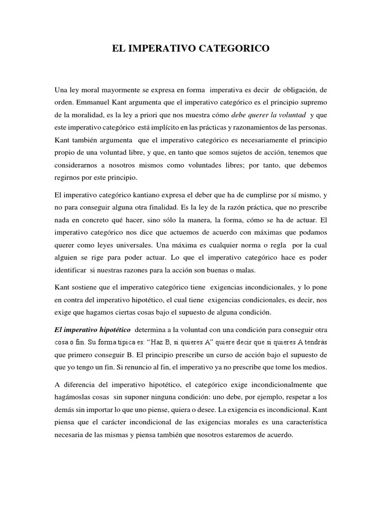 El Imperativo Categorico: El imperativo hipotético determina a la ...