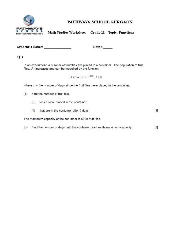 Grade 11 Functions Worksheet | PDF