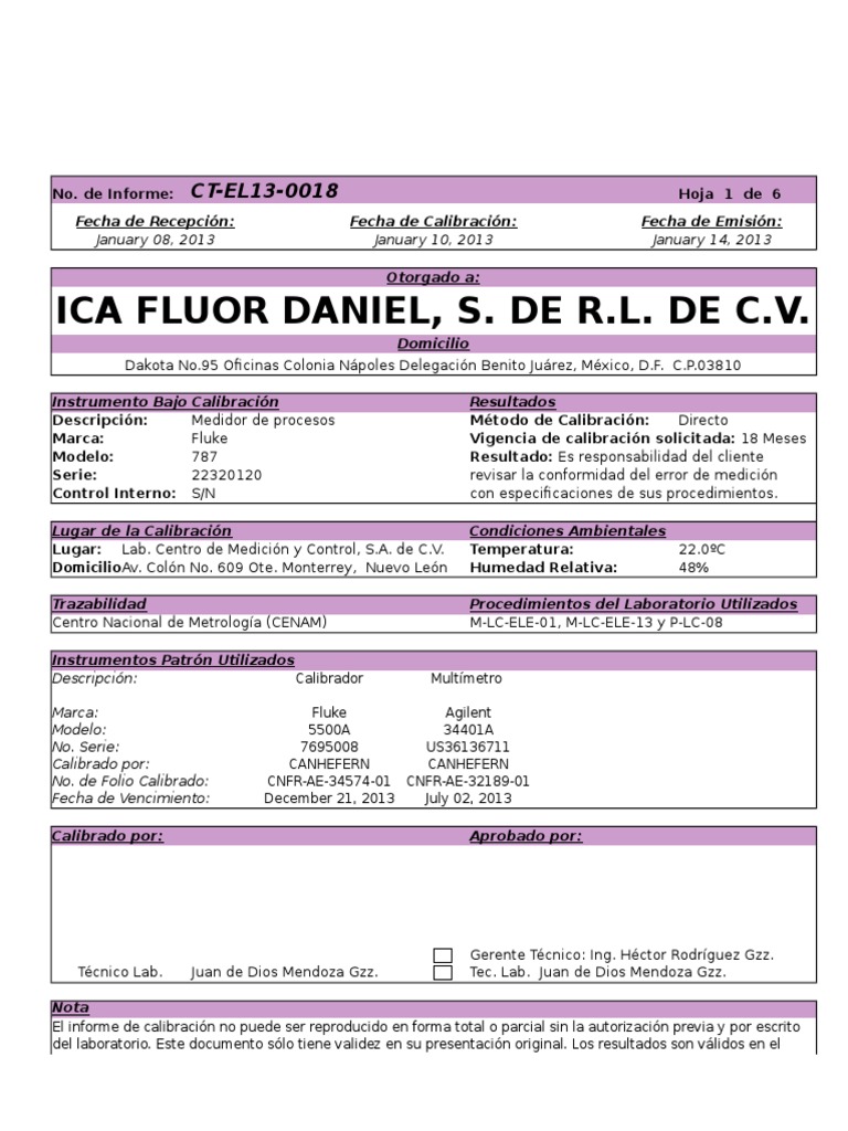 Ica Fluor Daniel, S. De R.L. De C.V.: CT-EL13-0018 | Calibración ...