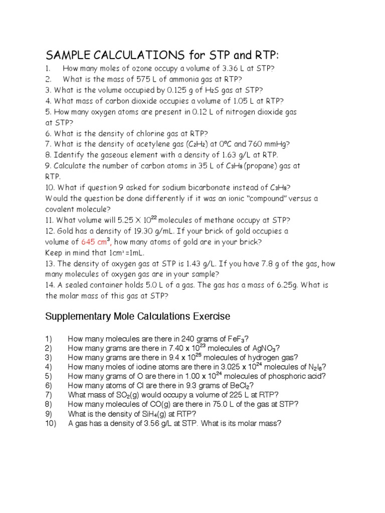 Sample Calculations For STP and RTP:: Supplementary Mole Calculations ...