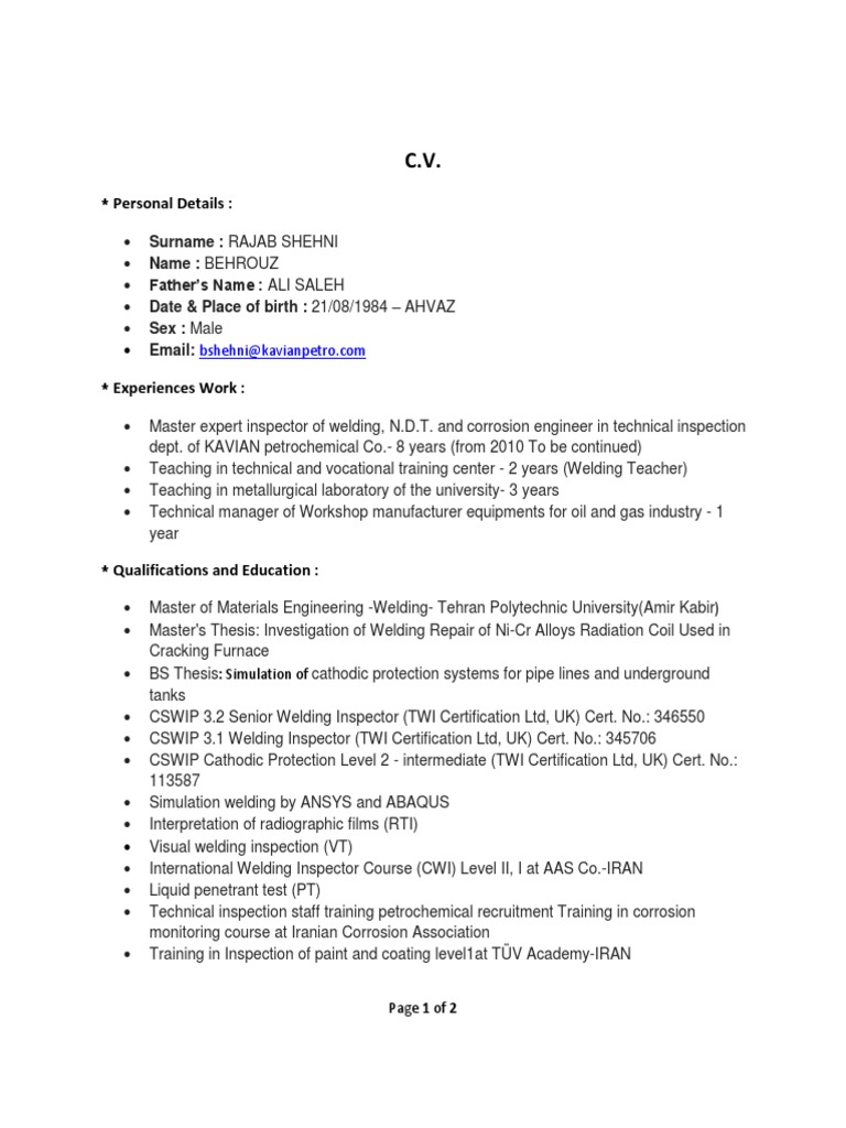 Welding And Corrosion Engineering Cv Pdf Pipe Fluid Conveyance