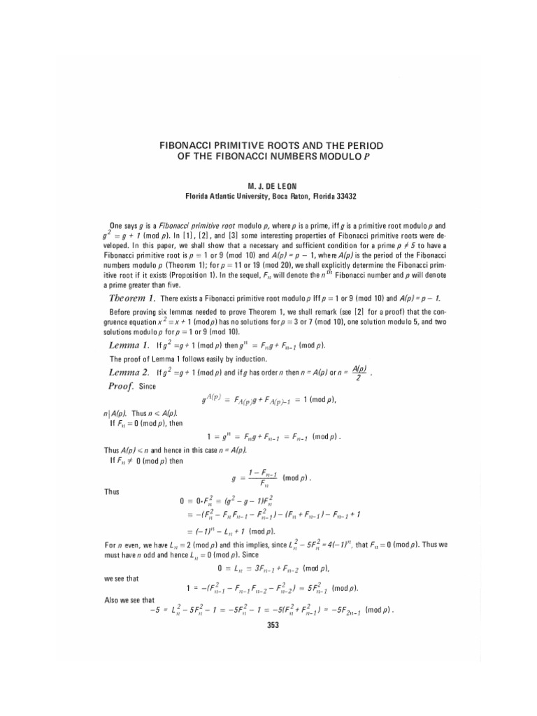 Fibonacci Primitive Roots and The Period of The Fibonacci Numbers ...