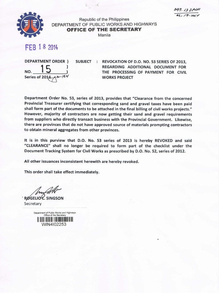 Revocation of Department Order Requiring Clearance from Provincial ...