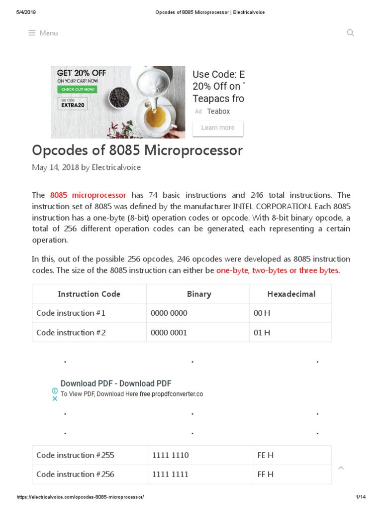 Opcodes of 8085 Microprocessor - Electricalvoice | PDF | Central Processing Unit | Digital ...