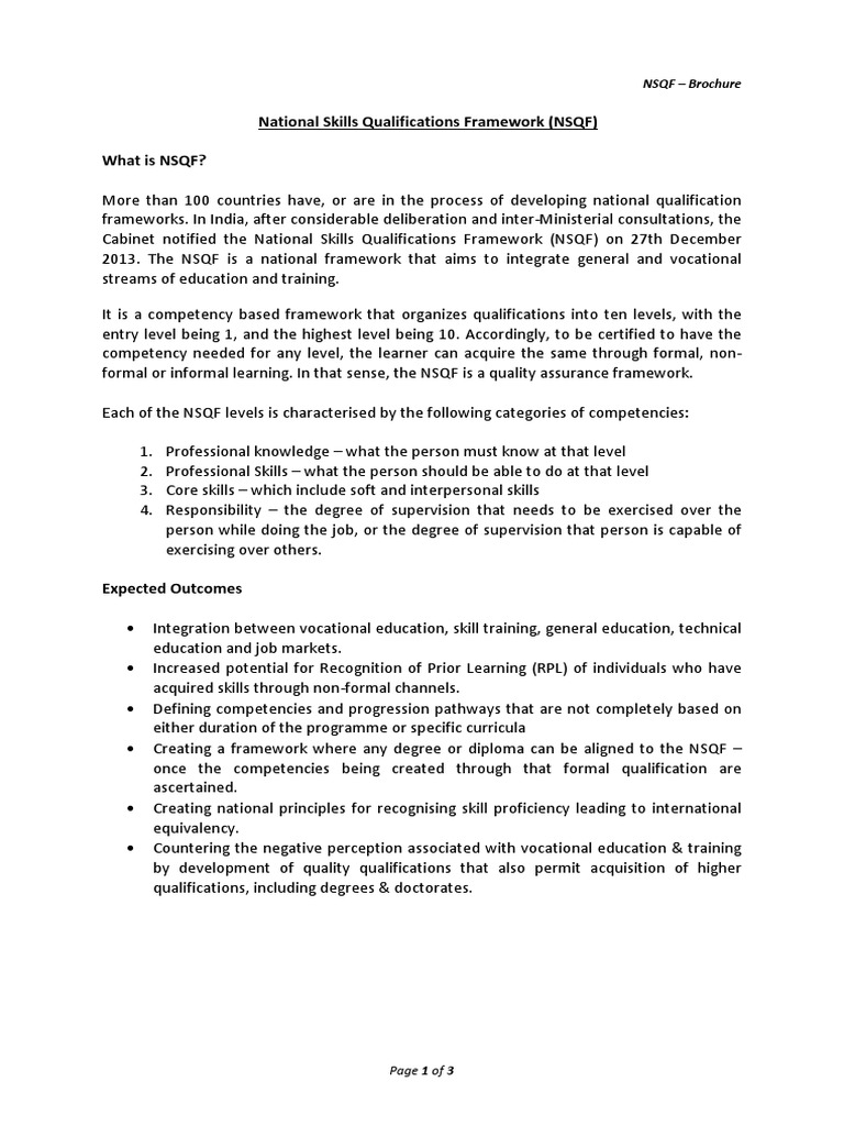 National Skills Qualifications Framework (NSQF) What Is NSQF? | PDF ...