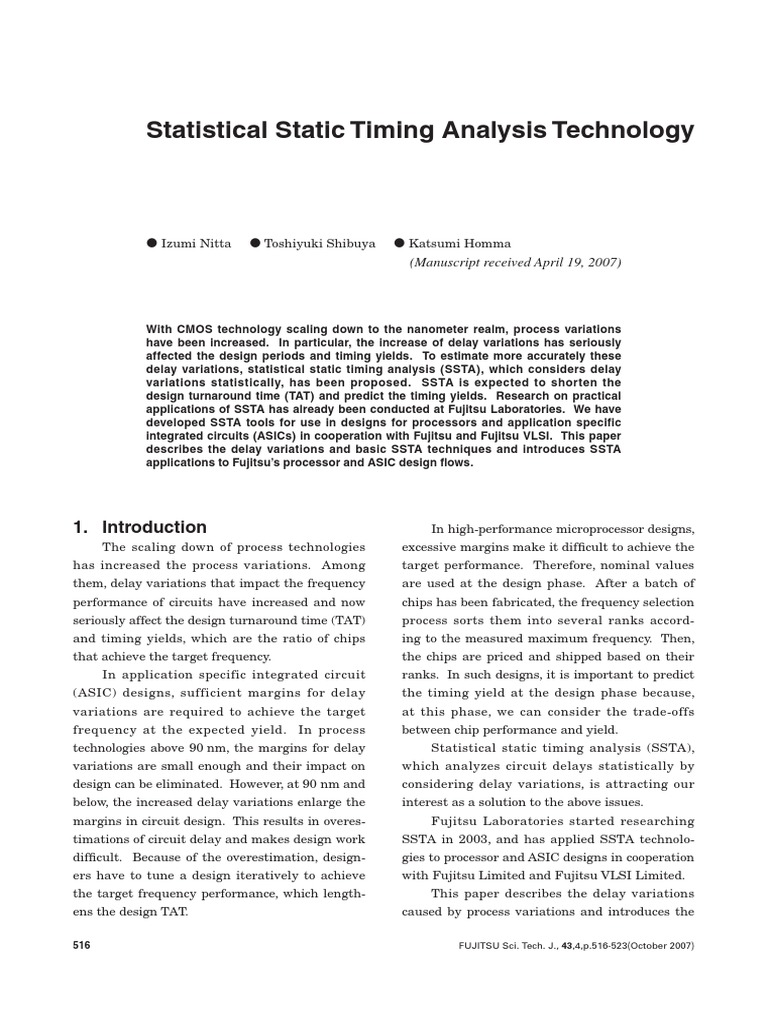 Statistical Static Timing Analysis Technology: (Manuscript Received ...