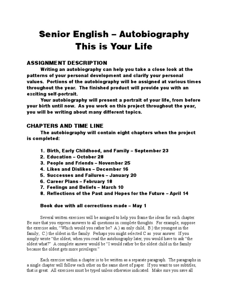Senior English - Autobiography This Is Your Life: Assignment ...