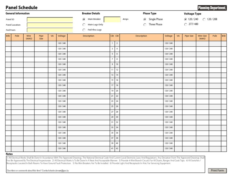 Panel Schedule Template | PDF | Wire | Equipment