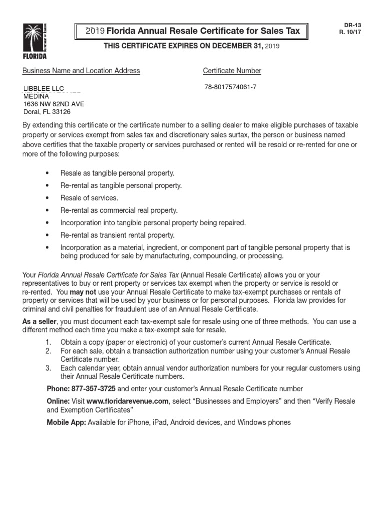 2018 Florida Annual Resale Certiicate For Sales Tax | Download Free PDF ...