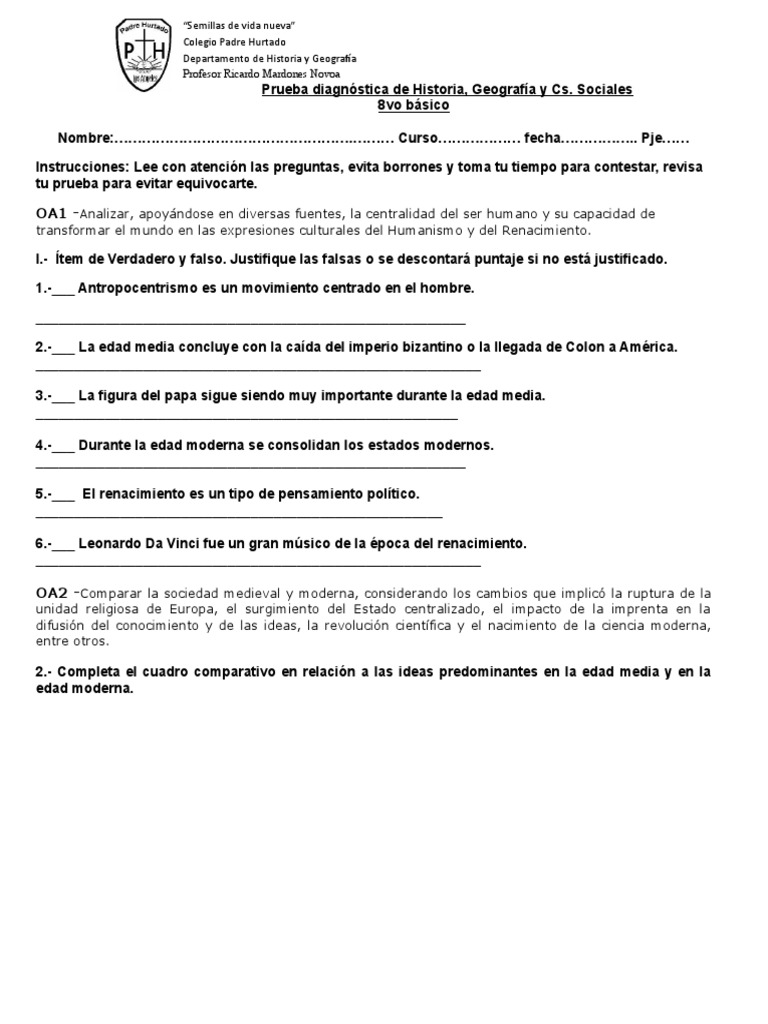 Prueba de Historia y Geografía 8vo Básico | PDF | Edades medias ...