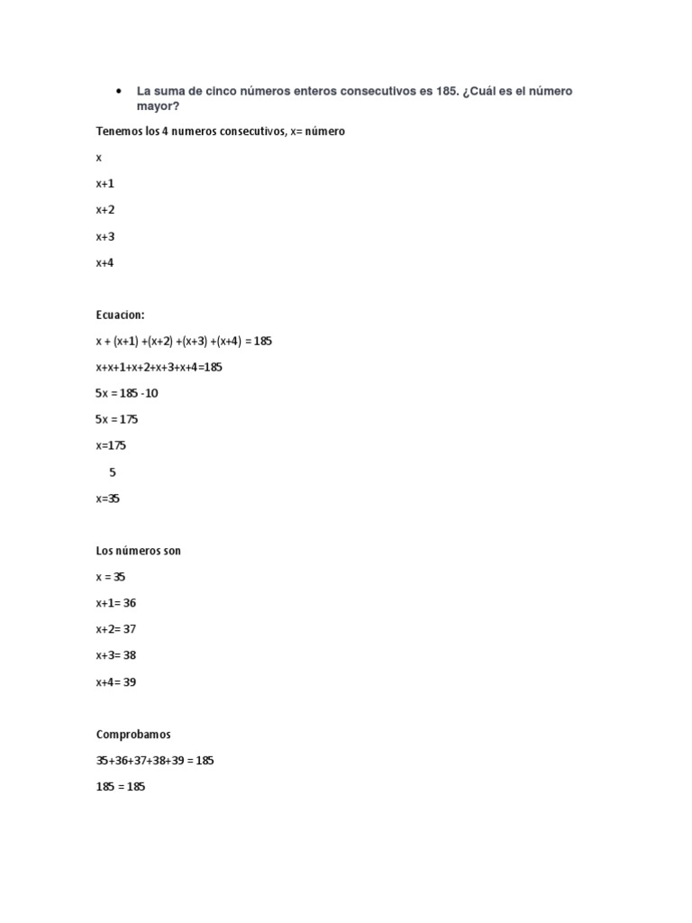 La Suma de Cinco Números Enteros Consecutivos Es 185 | PDF | Enseñanza ...
