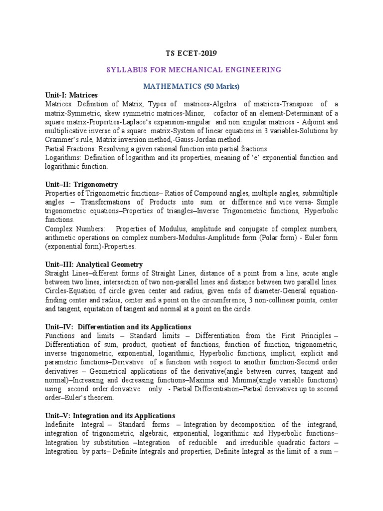 Syllabus For Mechanical Engineering: TS ECET-2019 | Download Free PDF | Integral | Trigonometric ...