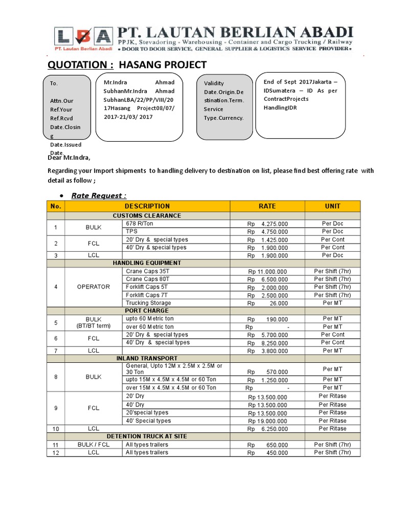 Customs Clearance Quotation for Hasang Project | PDF | Ton | Cargo