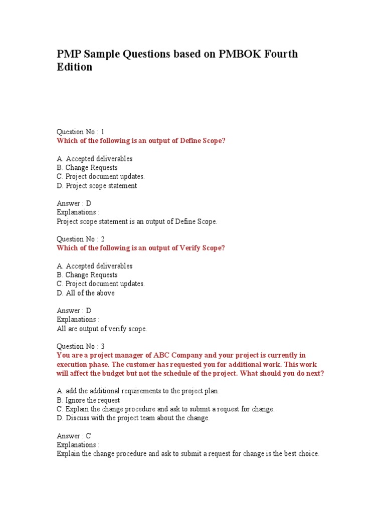 PMP 200sample Questions Based On PMBOK Fourth Edition | PDF | Project ...
