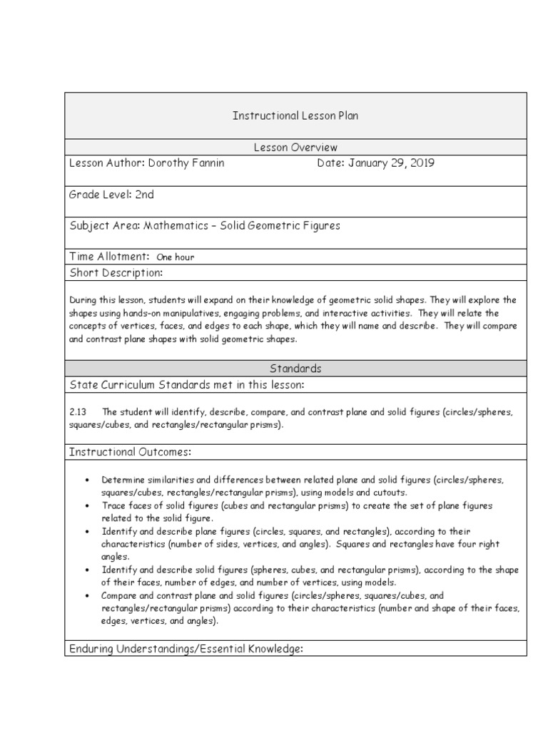 Math Geometry Solid Shapes Lesson Plan | PDF | Rectangle | Shape