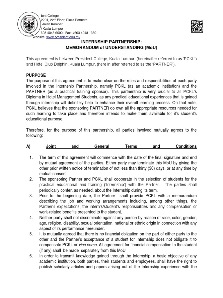 Internship Partnership: Memorandum of Understanding (Mou) : Purpose ...