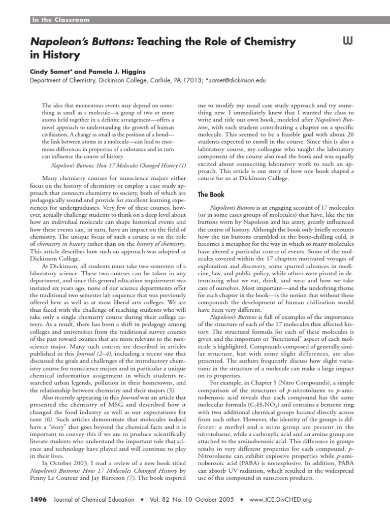 Napoleon's Buttons: Teaching The Role of Chemistry in History | PDF ...