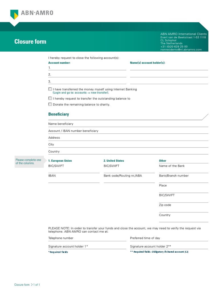 Request to Close Bank Account(s) and Transfer Remaining Balance Form ...