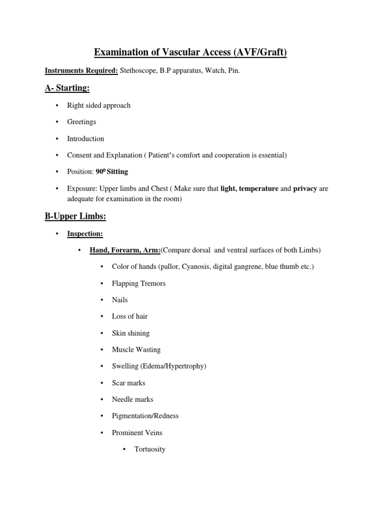 Vascular Access Examination Guide | PDF | Arm | Vein