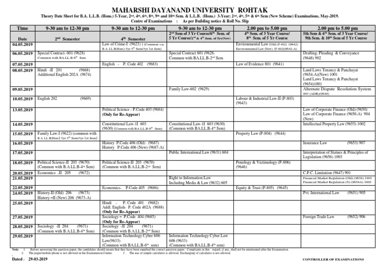 Law Date Sheet May 2019 | PDF | Alternative Dispute Resolution | Virtue