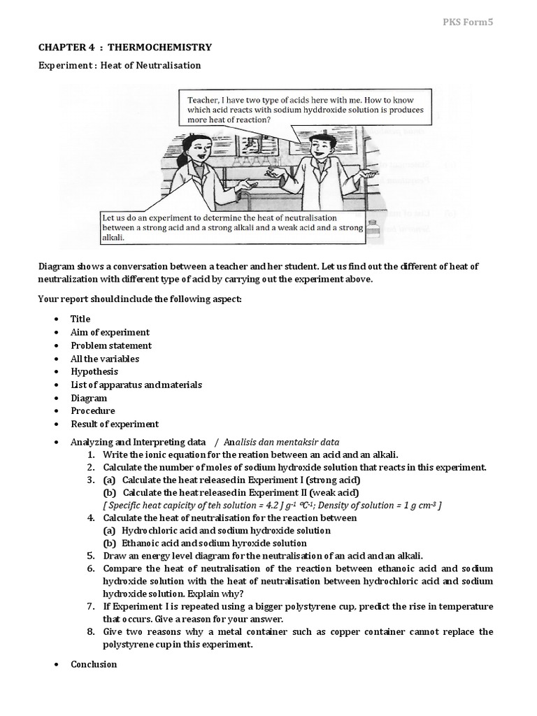 Experiment: Heat of Neutralisation: Chapter 4: Thermochemistry | PDF