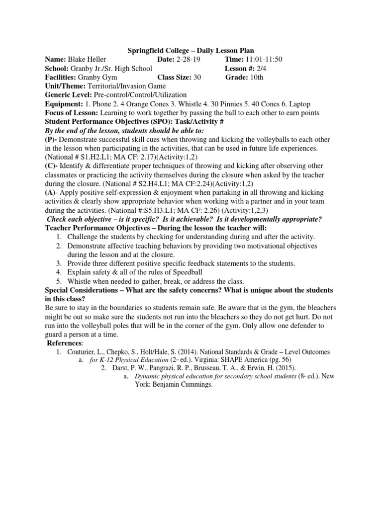 Speedball Lesson Plan for PE Class | PDF | Lesson Plan | Teachers