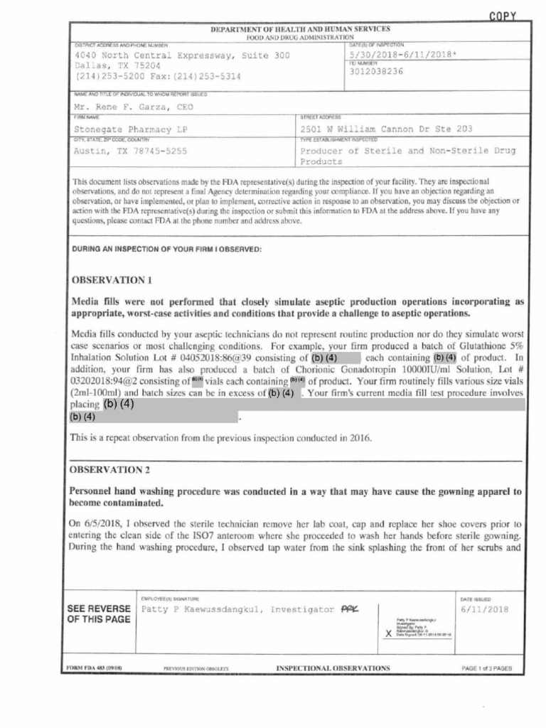 FDA 483 Observations: Stonegate Pharmacy | PDF | Medicine | Medical ...
