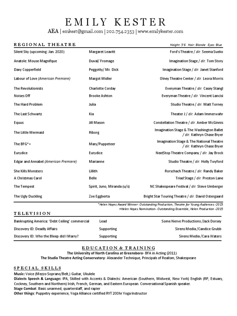 Emily Kester Acting Resume 5.5.19 | PDF | Performing Arts | Theatre