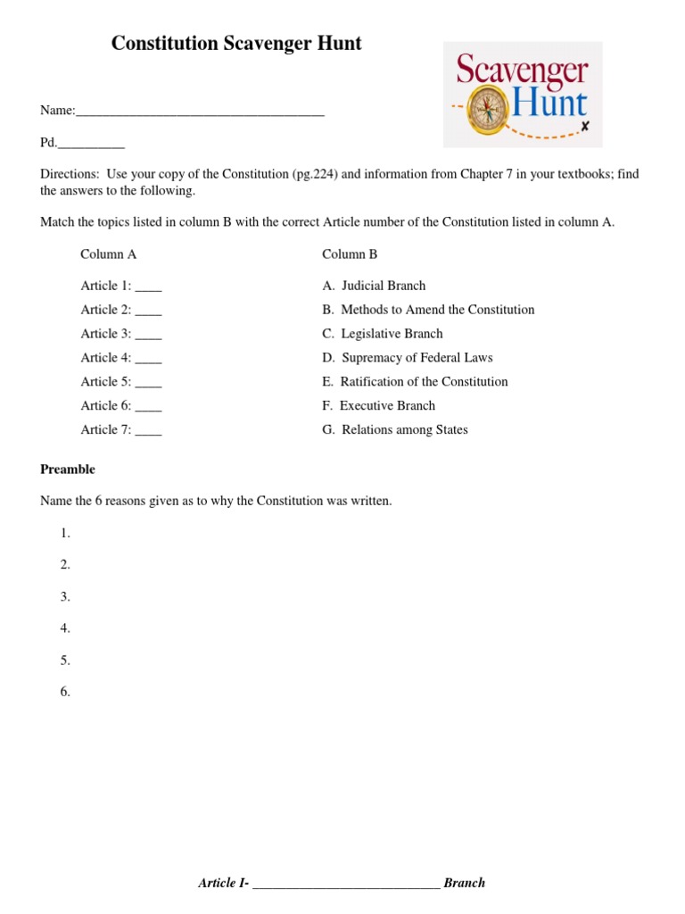 Constitution Scavenger Hunt Worksheet | PDF | United States ...