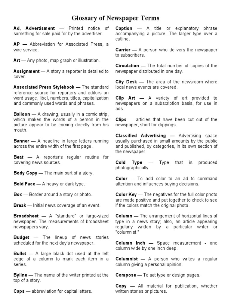 Glossary of Newspaper Terms | PDF | Newspapers | Copy Editing