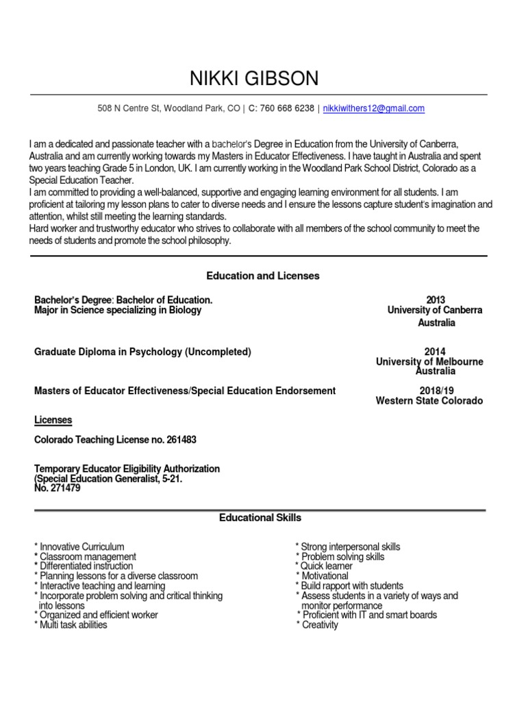 Nikki Gibson Teaching Resume | PDF | Special Education | Teachers