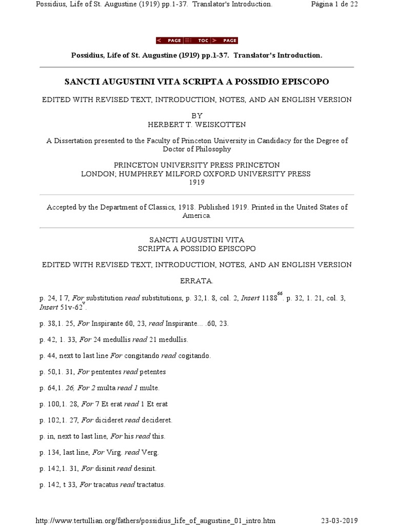 Sancti Augustini Vita Scripta A Possidio Episcopo | PDF | Augustine Of ...