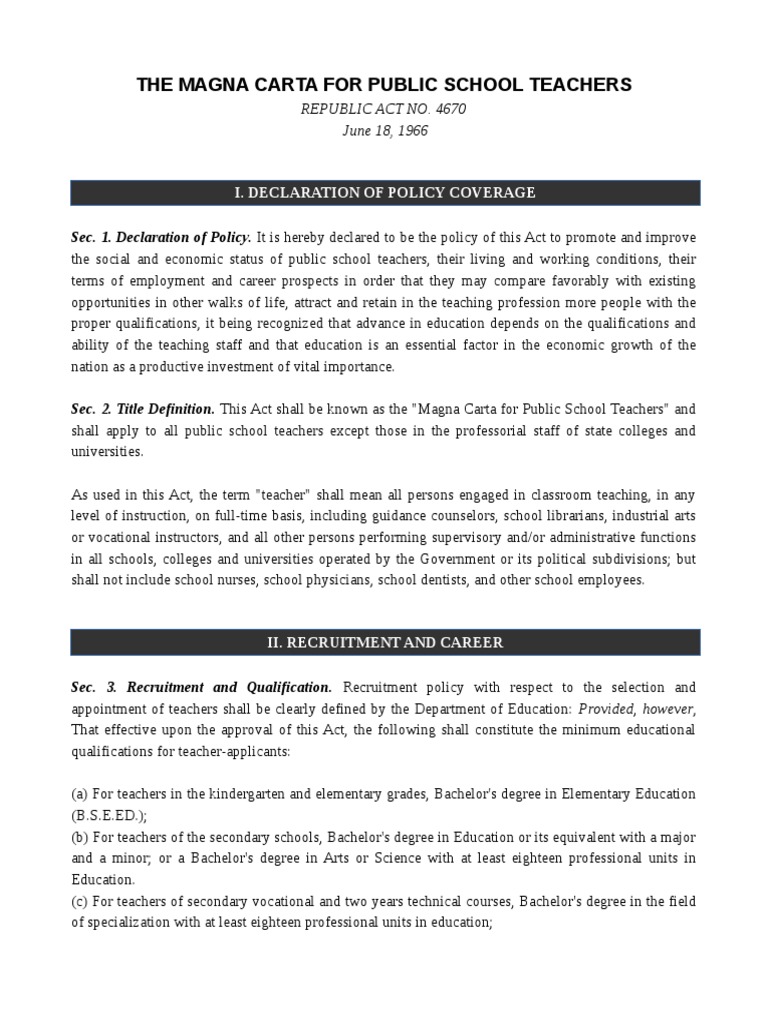 The Magna Carta For Public School Teachers: I. Declaration of Policy Coverage | PDF | Cost Of ...