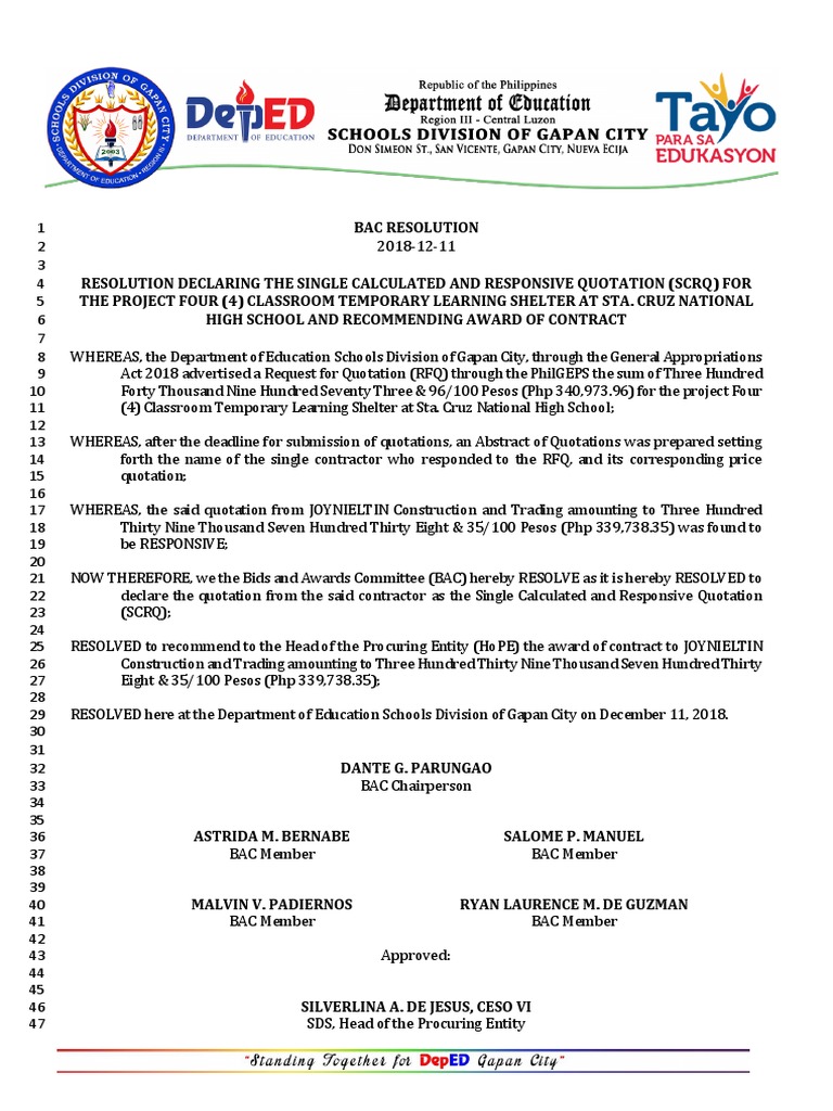 2 BAC Resolution Single Calculated and Responsive Quotation Temp ...
