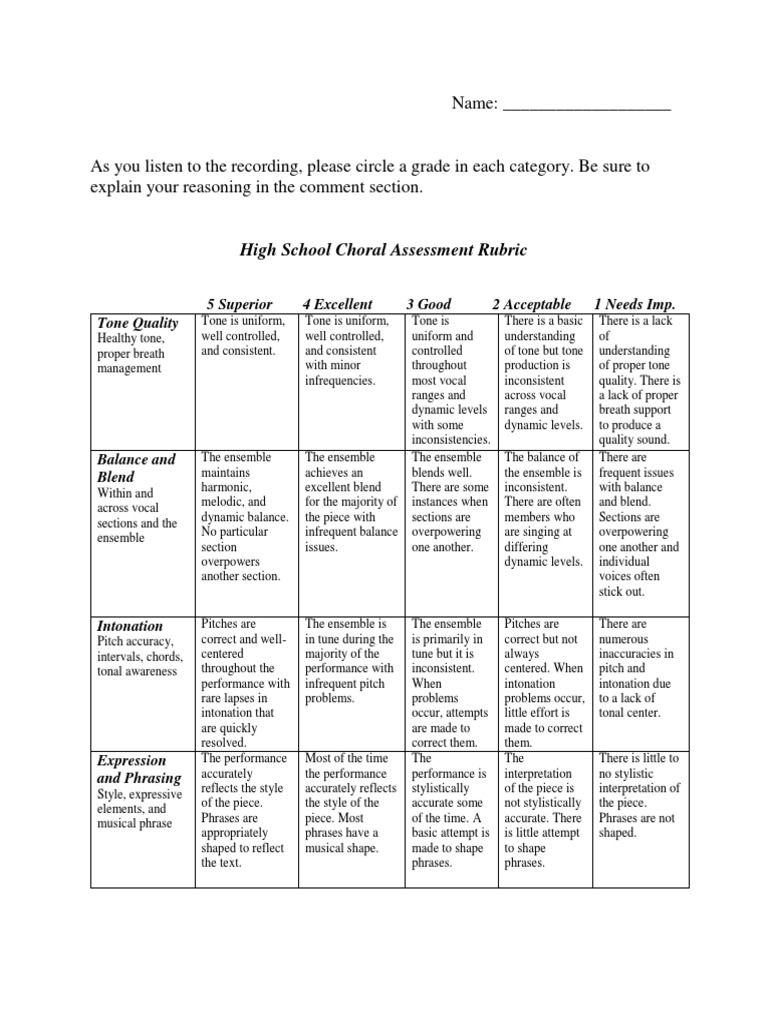 Choral Assessment Rubric | PDF | Pitch (Music) | Singing