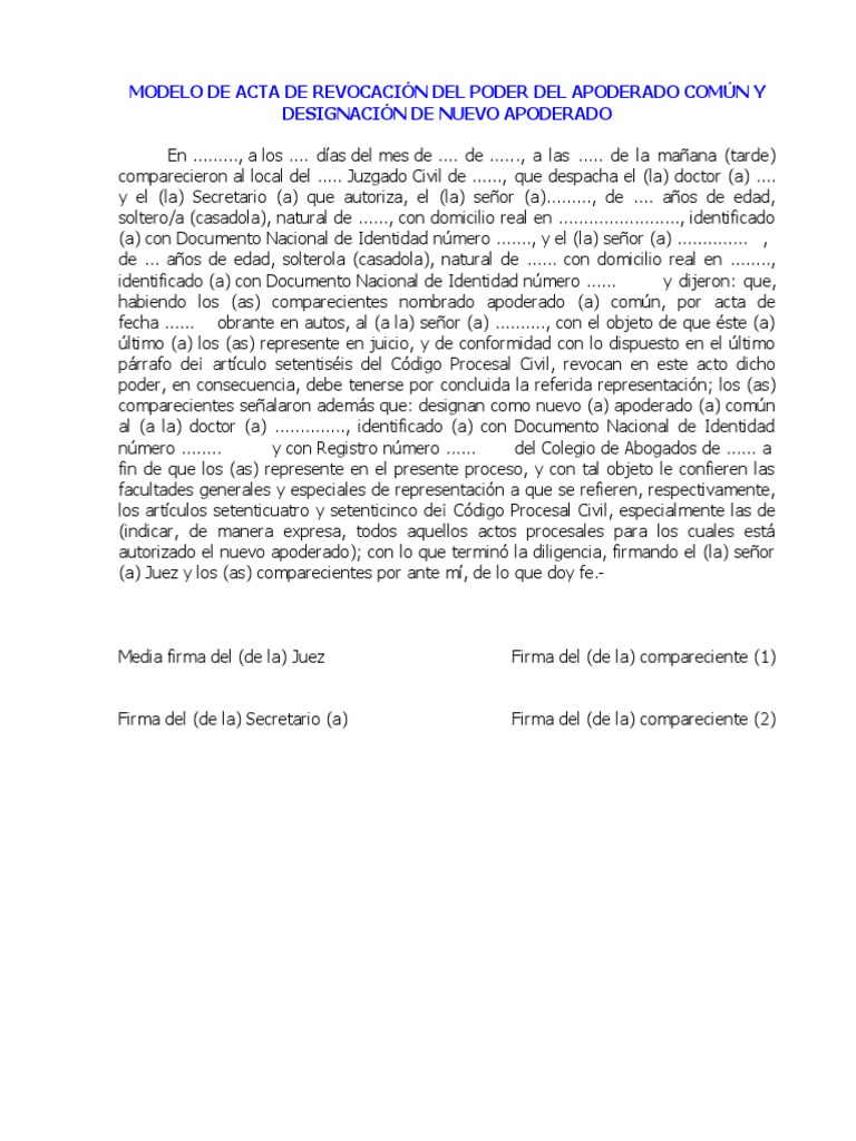 Modelo de Acta de Revocación Del Poder Del Apoderado Común Y Designación de Nuevo Apoderado | PDF
