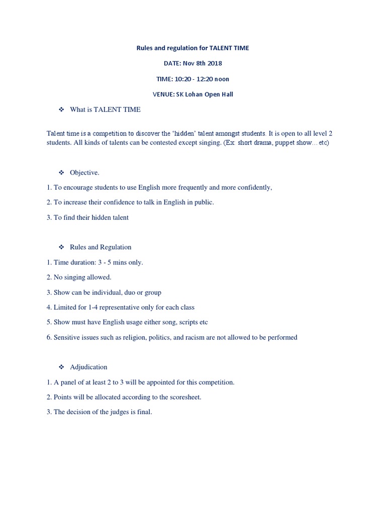Rules and Regulation For TALENT TIME | PDF