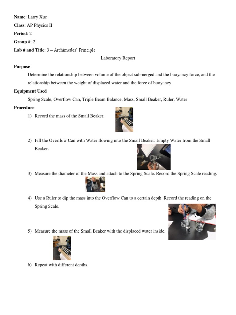 Archimedes Principle Lab | PDF | Buoyancy | Weighing Scale