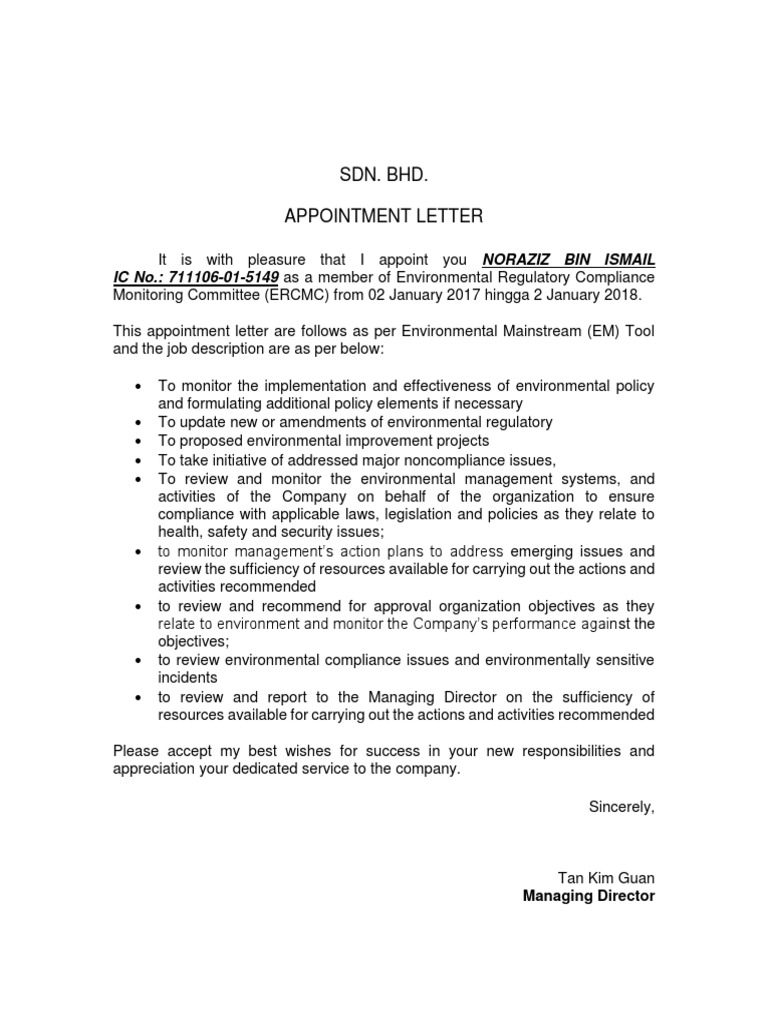 Appointment Letter (Unused) | Environmental Policy | Regulatory Compliance