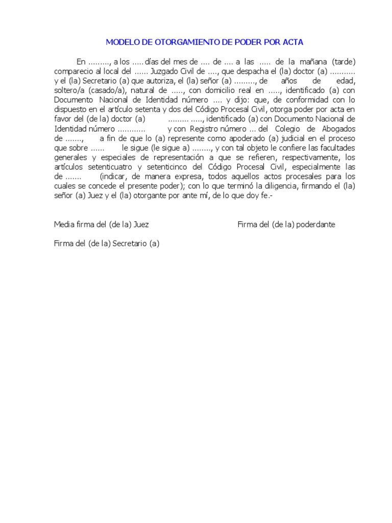 Modelo de Otorgamiento de Poder Por Acta | PDF