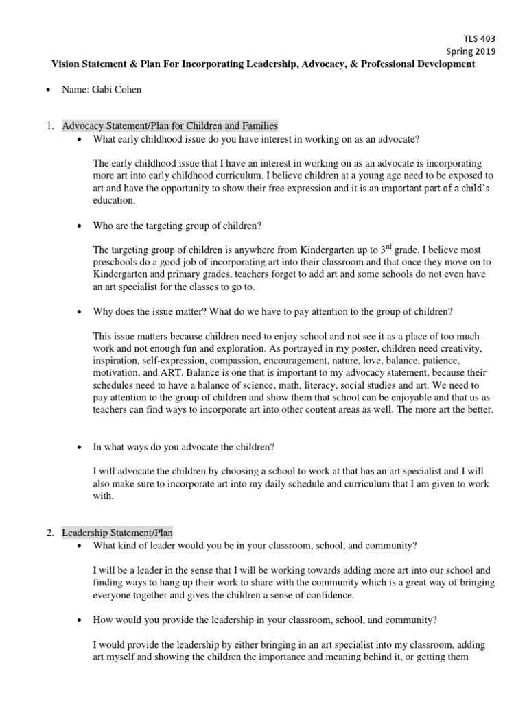 Vision Statement & Plan For Incorporating Leadership, Advocacy ...