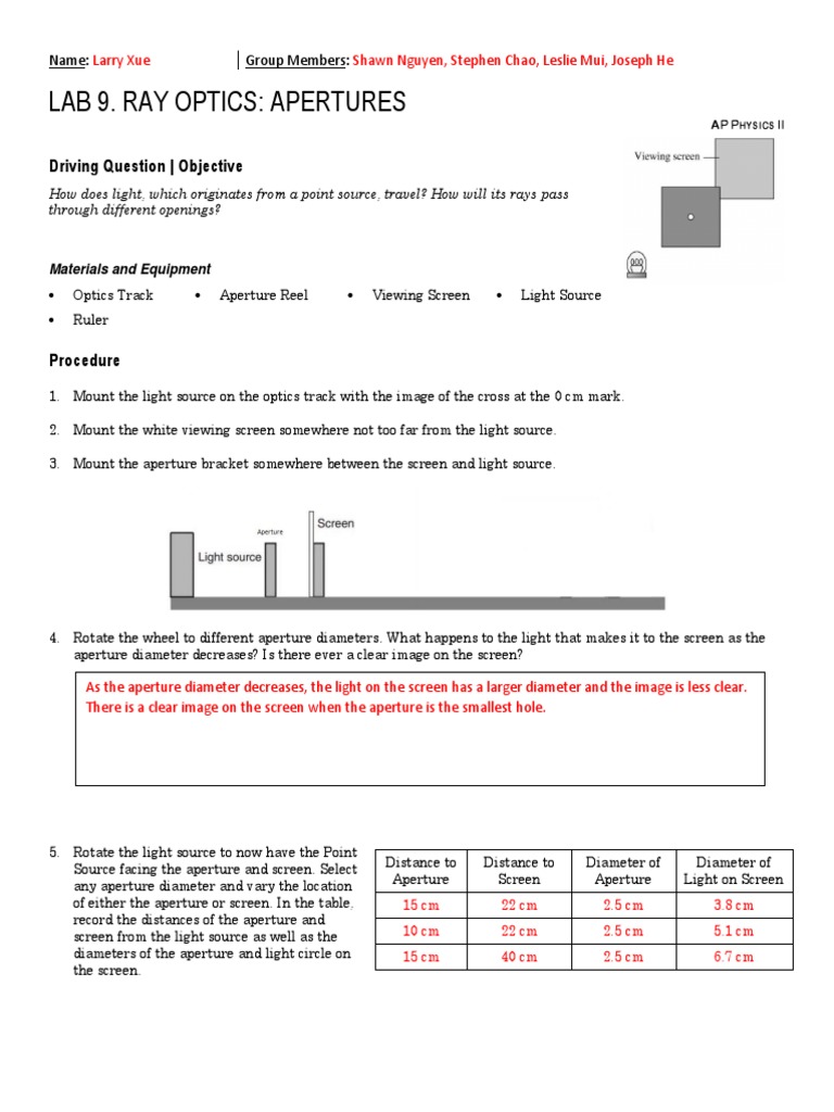 Lab 9. Ray Optics: Apertures: Driving Question - Objective | PDF ...