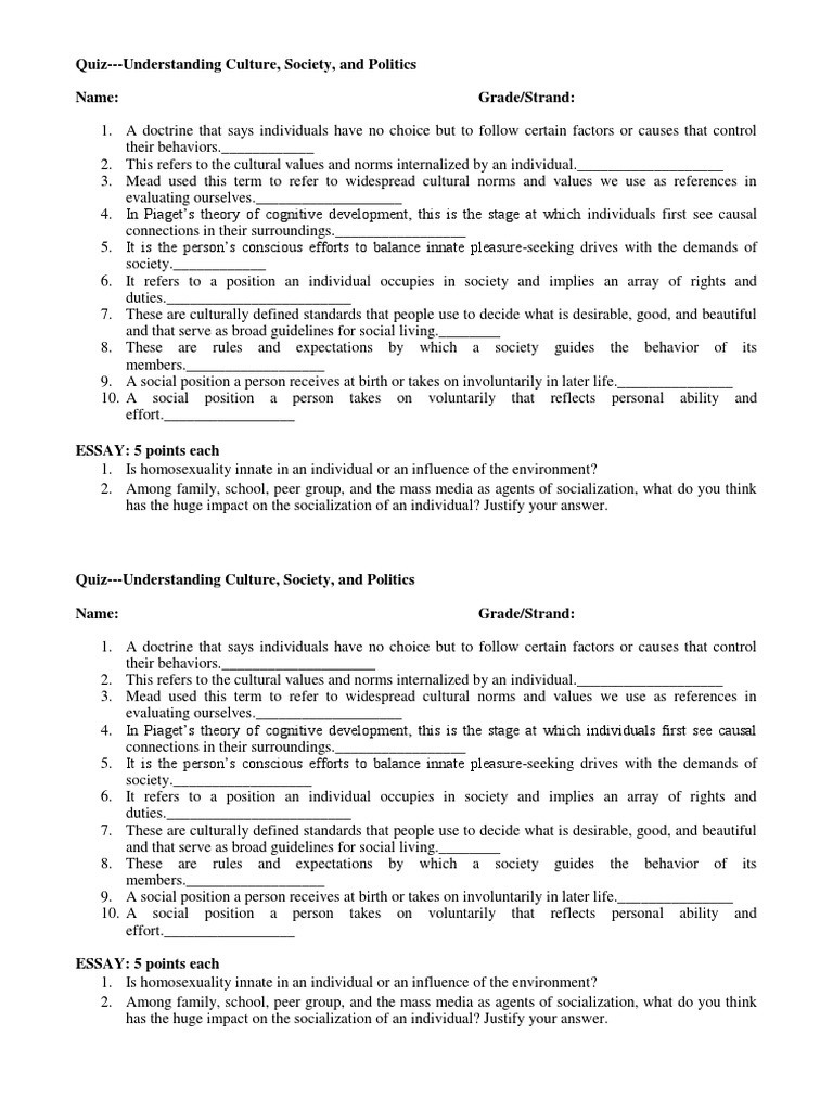 Quiz - Understanding Culture, Society, and Politics Name: Grade/Strand ...