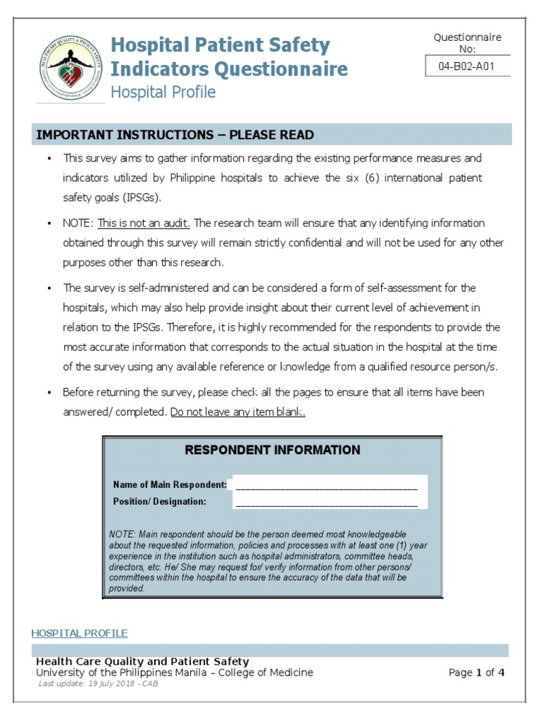 A01 - Hospital Patient Safety Indicators Questionnaire - Hospital ...