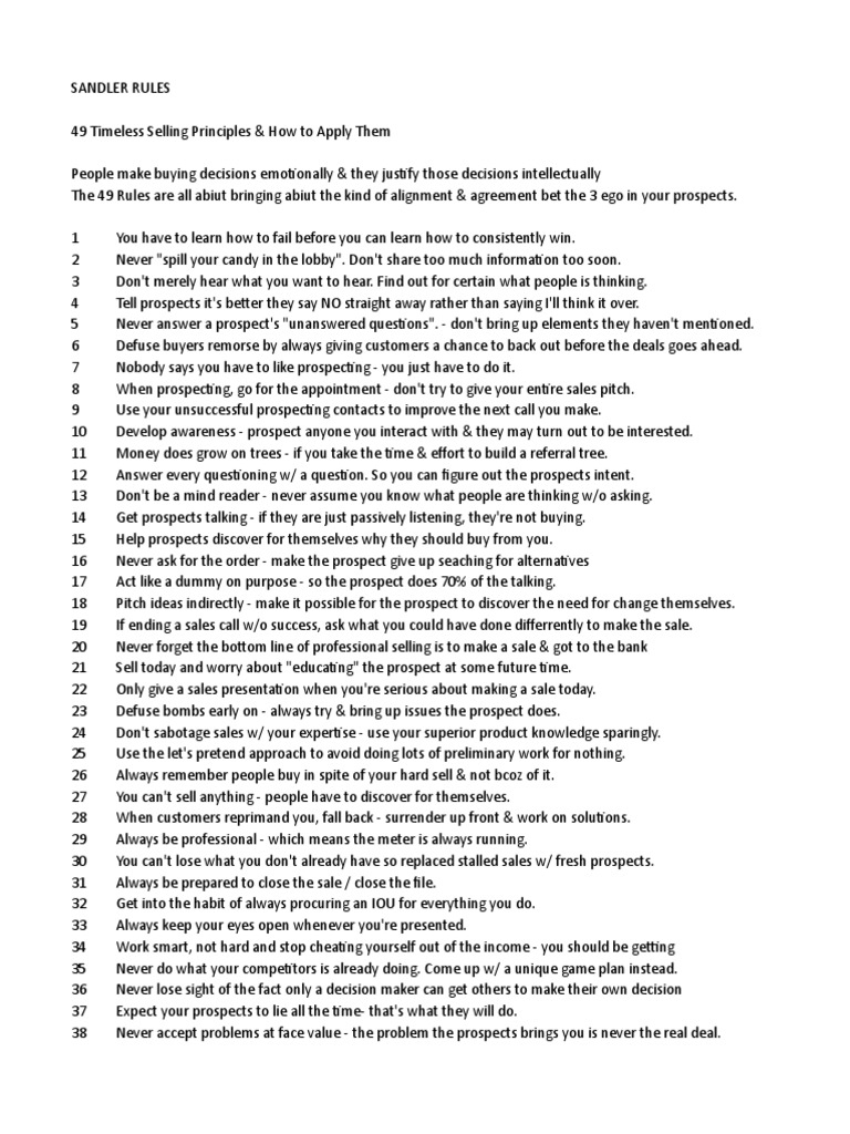 Sandler Rules Summary | PDF | Cognition