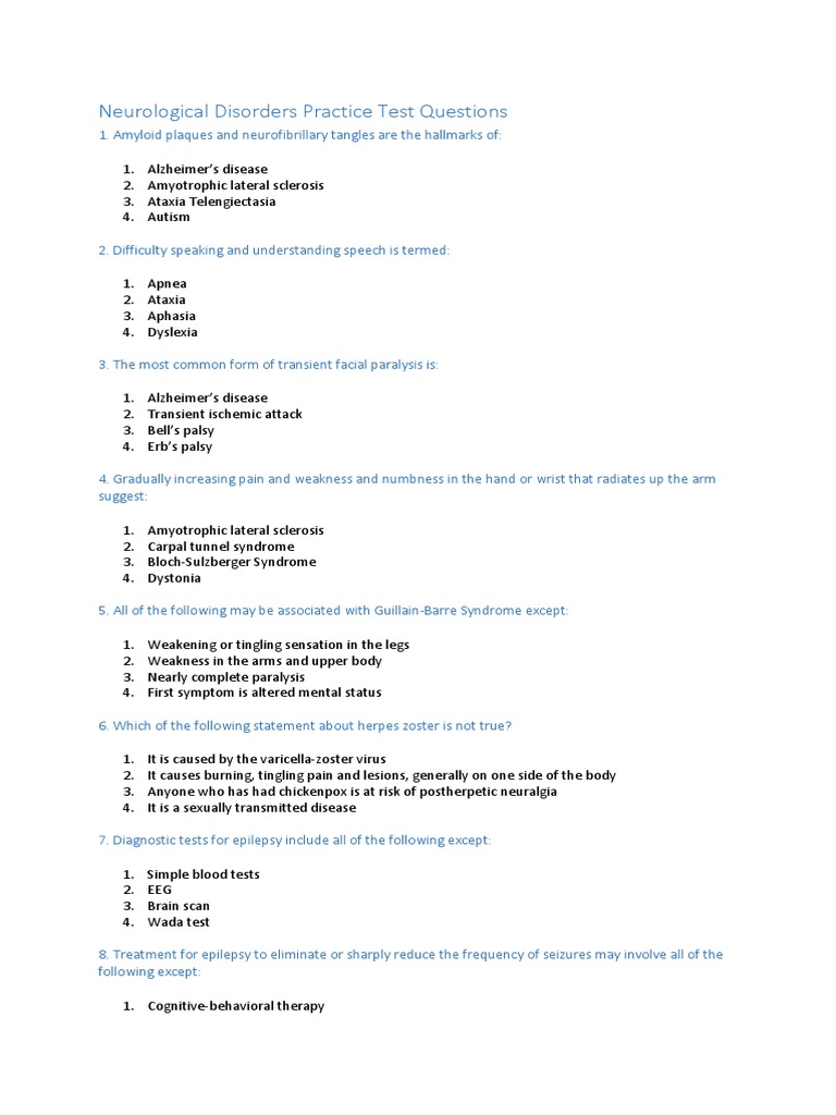 Neurological Disorders Practice Test Questions | PDF | Amyotrophic ...
