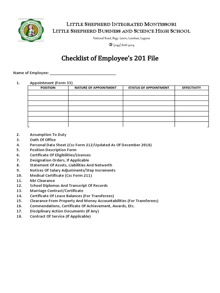 Checklist of Employee's 201 File: L S I M L S B S H S | PDF